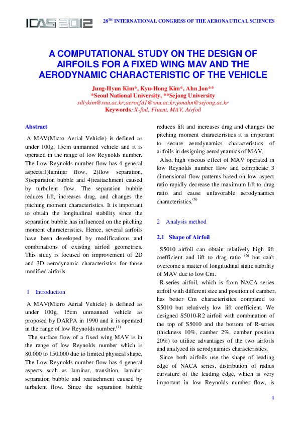 (PDF) A Computational Study on the Design of Airfoils for a Fixed Wing Mav and the Aerodynamic ...
