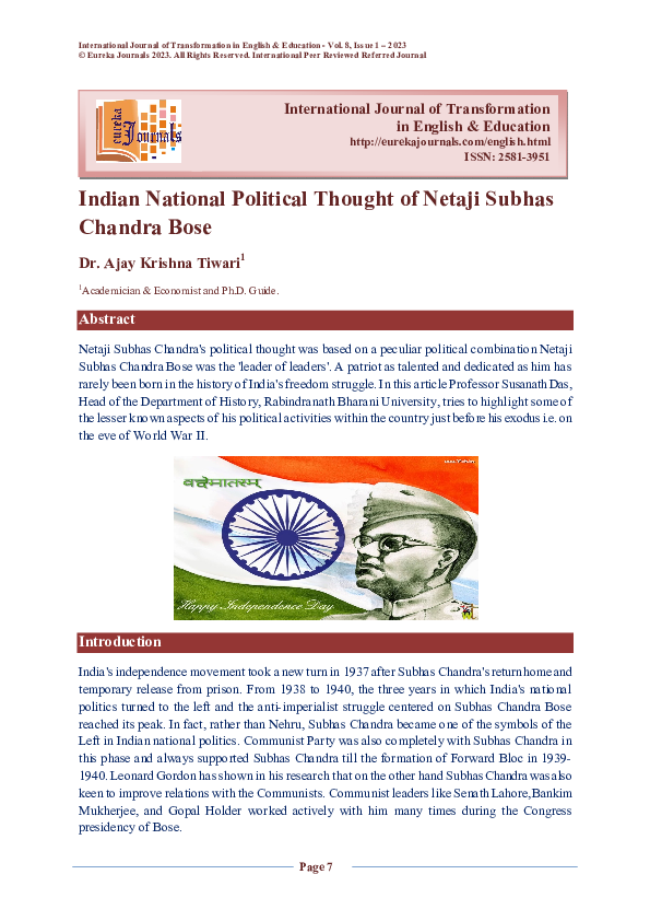 (PDF) Indian National Political Thought of Netaji Subhas Chandra Bose