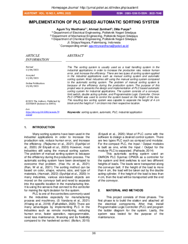 Pdf Implementation Of Plc Based Automatic Sorting System Agum Try Wardhana
