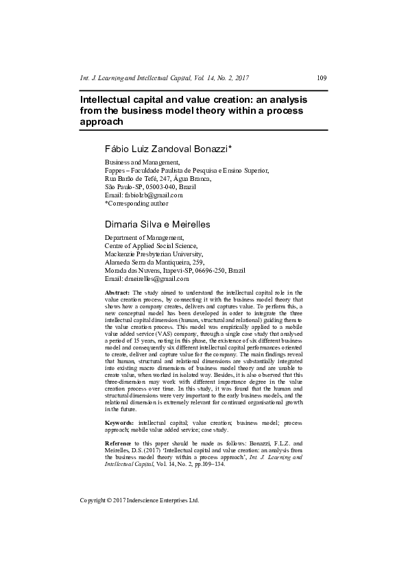 (PDF) Intellectual capital and value creation: an analysis from the business model theory within ...