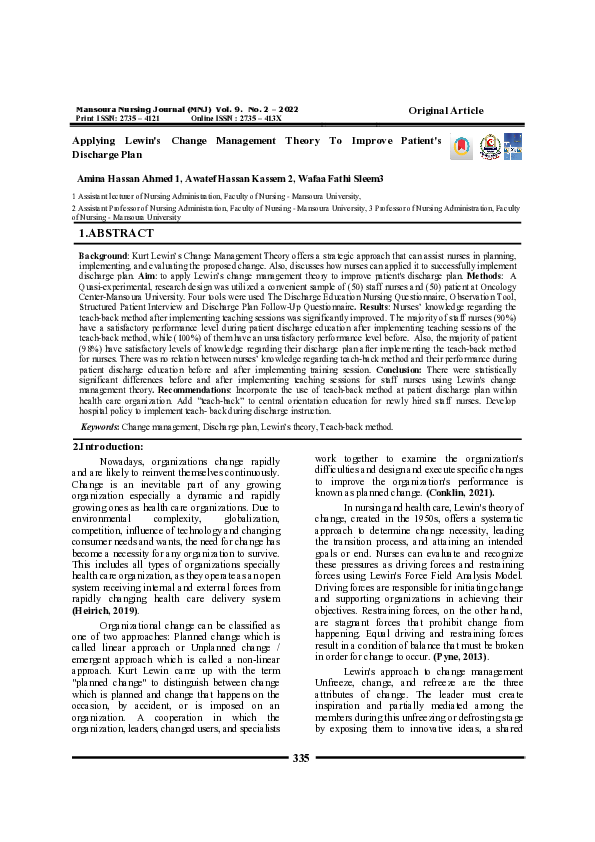 (PDF) Applying Lewin's Change Management Theory To Improve Patient's Discharge Plan