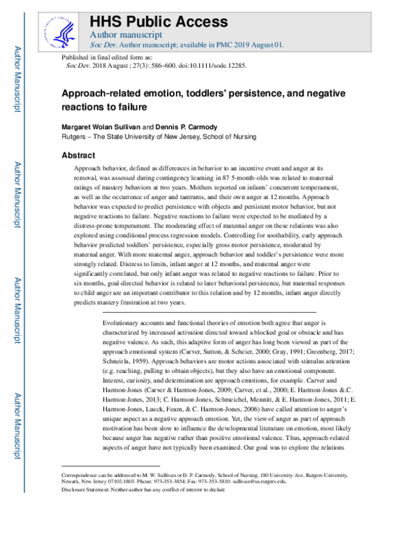 (PDF) Approach-related emotion, toddlers' persistence, and negative ...