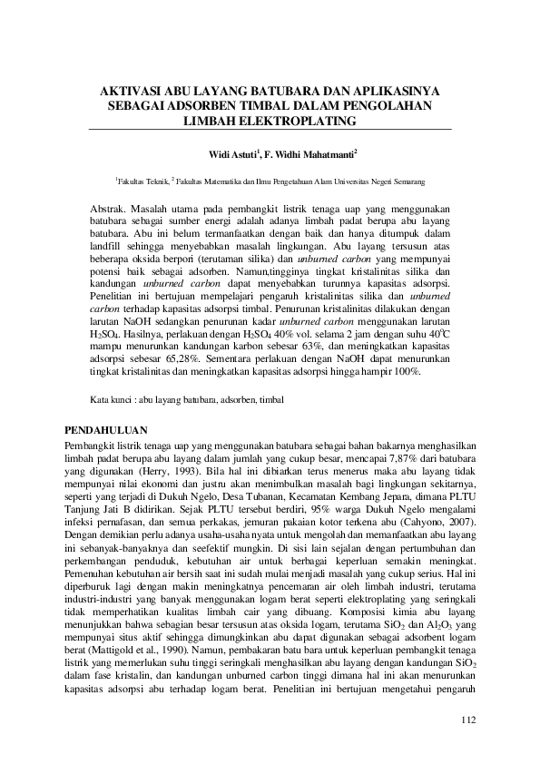 (PDF) Aktivasi Abu Layang Batubara Dan Aplikasinya Sebagai Adsorben ...