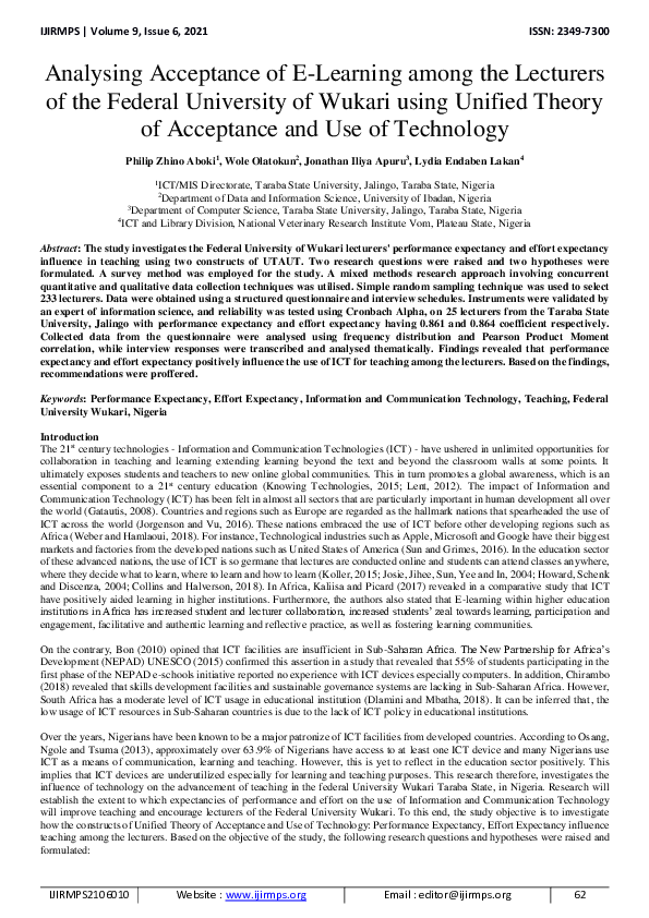 (PDF) Analysing Acceptance of E-Learning among Lecturers of Federal University of Wukari using ...