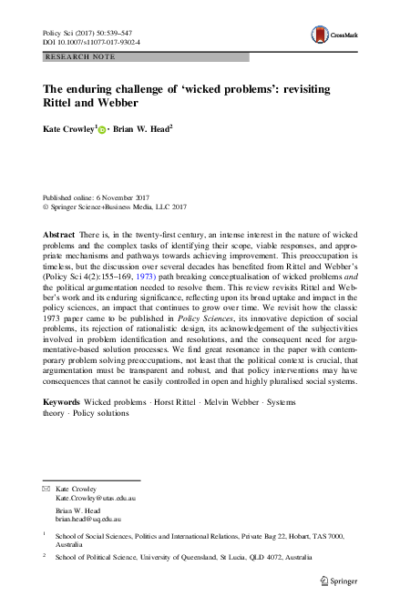 (PDF) The enduring challenge of ‘wicked problems’: revisiting Rittel ...