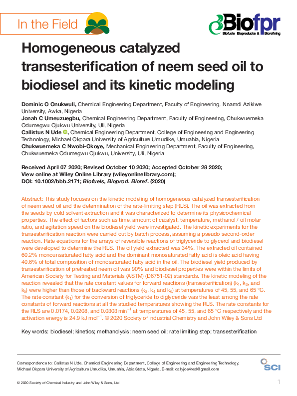 (PDF) Homogeneous catalyzed transesterification of neem seed oil to ...