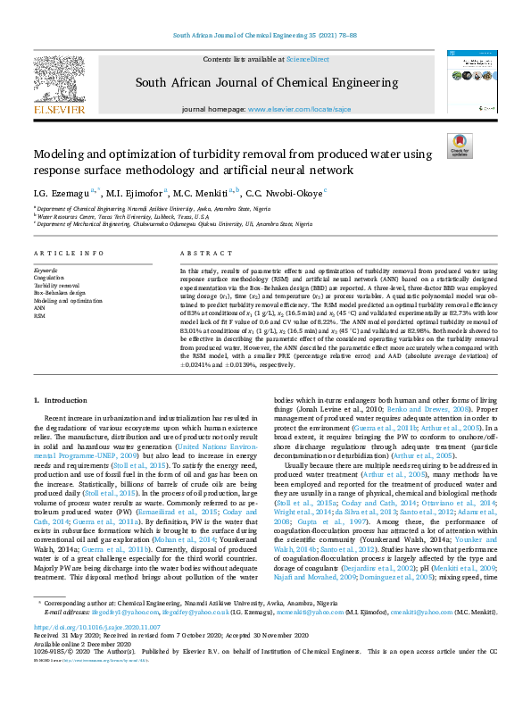 Pdf Modeling And Optimization Of Turbidity Removal From Produced Water Using Response Surface