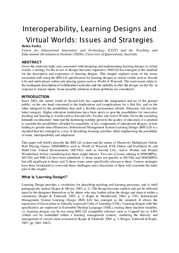 (PDF) Interoperability, Learning Designs and Virtual Worlds