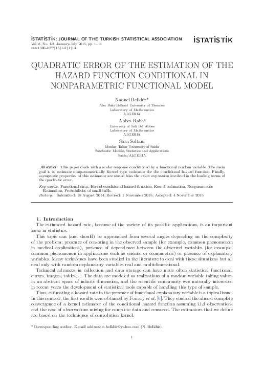 (PDF) Quadratic Error of the Estimation of the Hazard Function Conditional in Nonparametric ...
