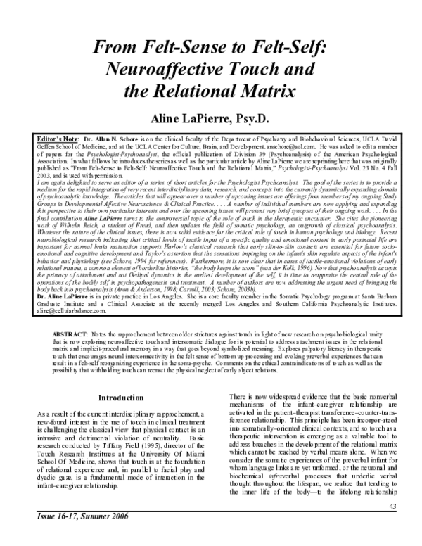 (PDF) From Felt-Sense to Felt-Self: Neuroaffective Touch and the ...