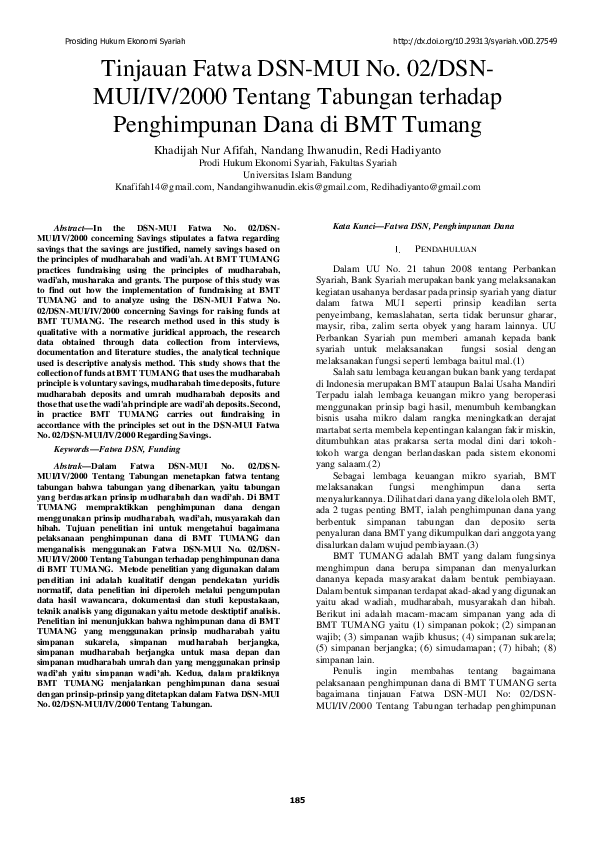 (PDF) Tinjauan Fatwa DSN-MUI No.02/DSN-MUI/IV/2000 Tentang Tabungan terhadap Penghimpunan Dana ...