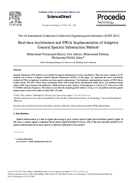 Pdf Real Time Architecture And Fpga Implementation Of Adaptive General Spectral Substraction