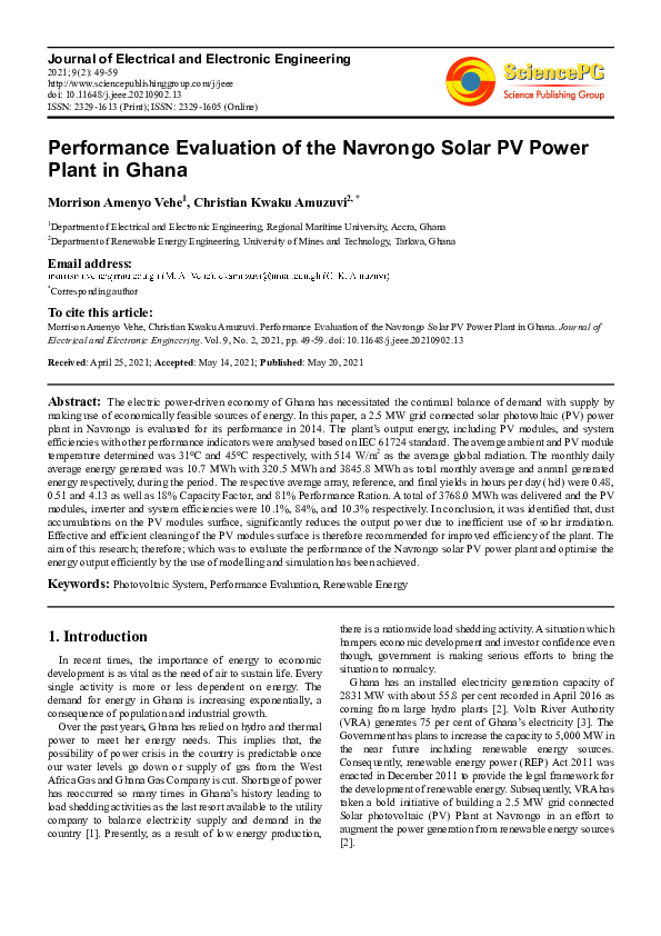 (PDF) Performance Evaluation of the Navrongo Solar PV Power Plant in Ghana