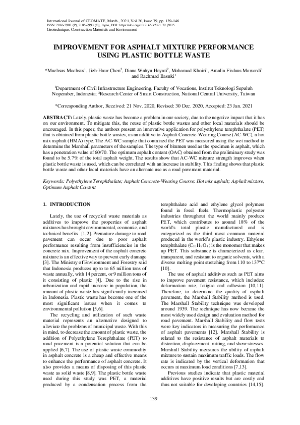 (PDF) Improvement for Asphalt Mixture Performance Using Plastic Bottle ...