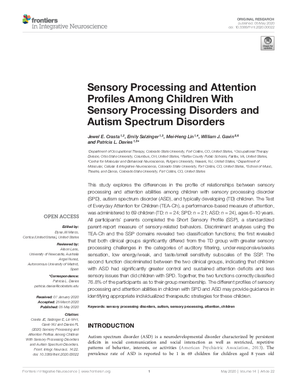 (PDF) Sensory Processing and Attention Profiles Among Children With ...