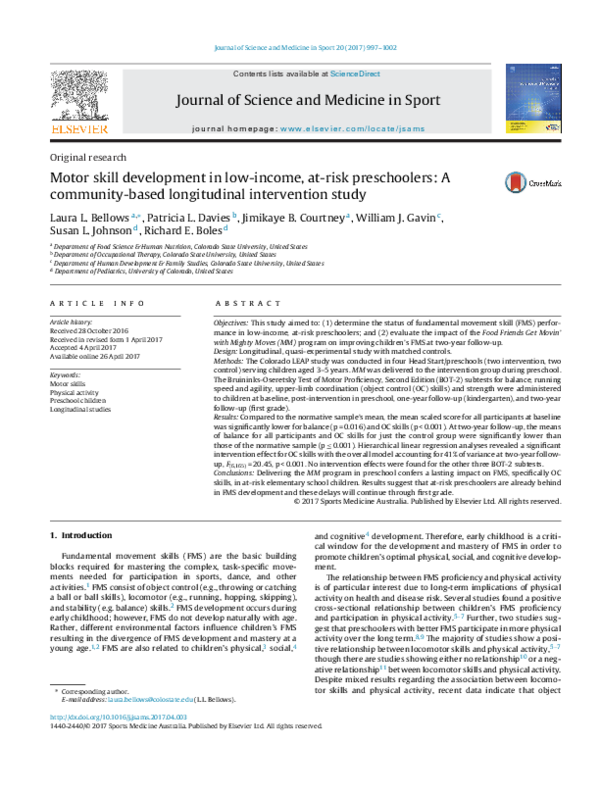 (PDF) Motor skill development in low-income, at-risk preschoolers: A community-based ...