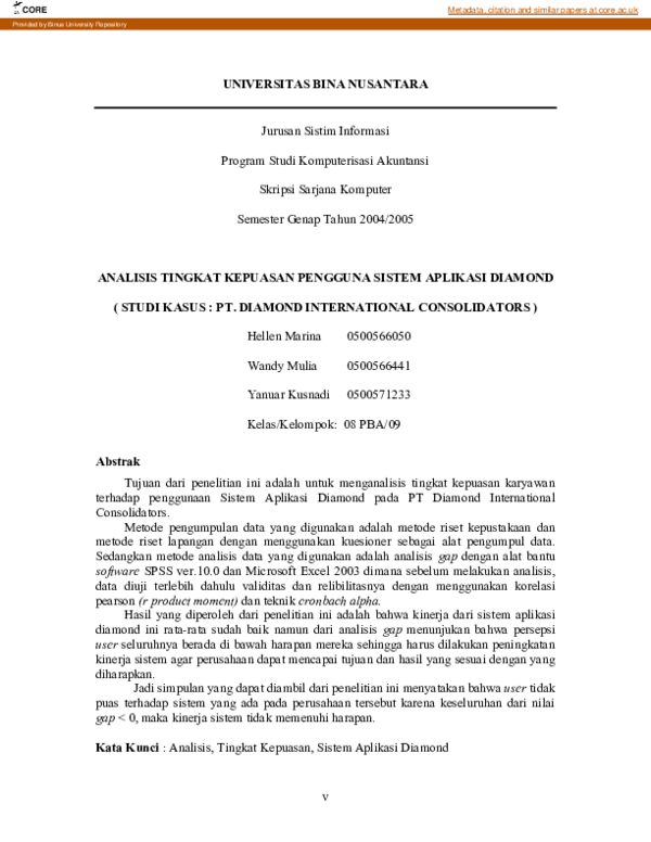 (PDF) Analisis Tingkat Kepuasan Pengguna Sistem Aplikasi Diamond (Studi Kasus: Pt. Diamond ...