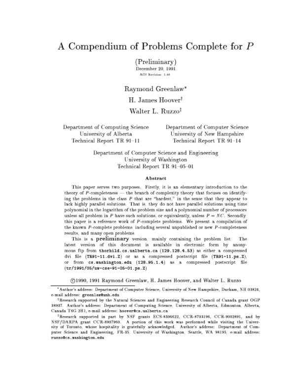 (PDF) A Compendium of Problems Complete for P (Preliminary)