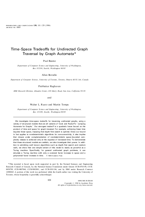 (PDF) Time-Space Tradeoffs for Undirected Graph Traversal by Graph Automata