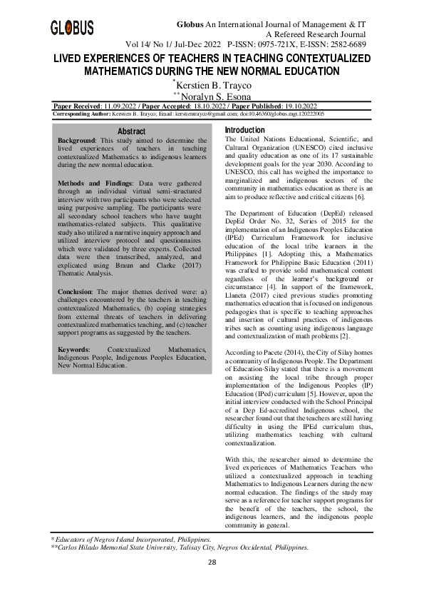 (PDF) LIVED EXPERIENCES OF TEACHERS IN TEACHING CONTEXTUALIZED MATHEMATICS DURING THE NEW NORMAL ...