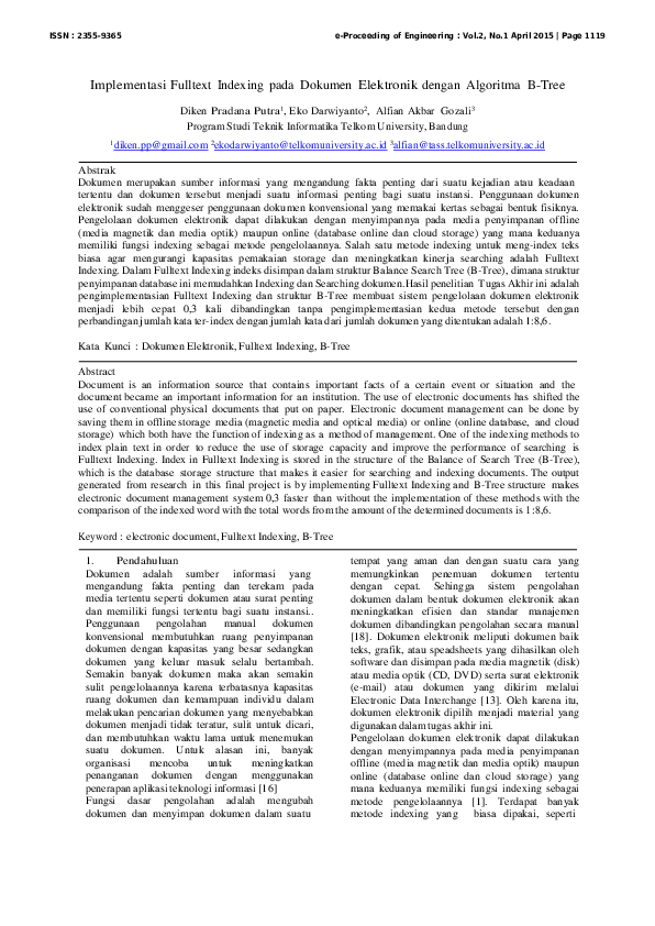 Pdf Implementasi Fulltext Indexing Pada Dokumen Elektronik Dengan Algoritma B Tree