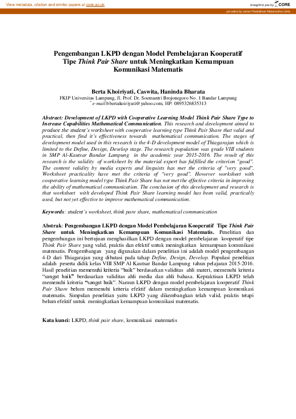 (PDF) Pengembangan LKPD Dengan Model Pembelajarankooperatif Tipe Think Pair Share ...
