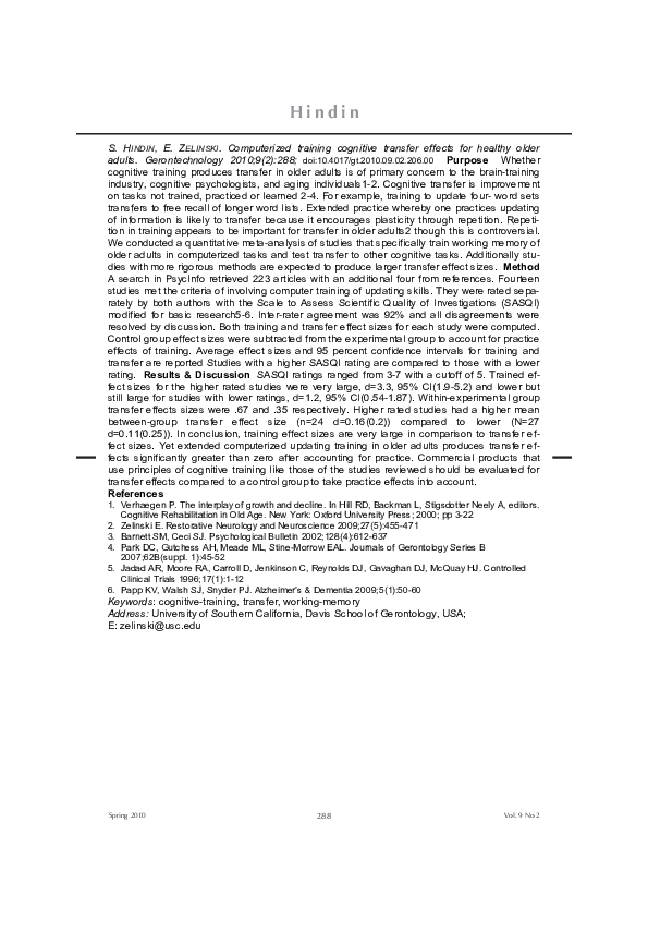 (PDF) Computerized training cognitive transfer effects for healthy older adults | Shoshana ...