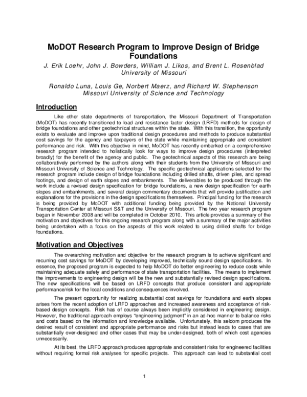 (PDF) MoDOT Research Program to Improve Design of Bridge Foundations