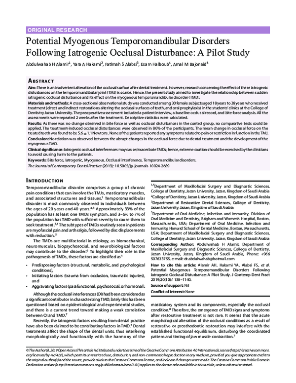 (PDF) Potential Myogenous Temporomandibular Disorders Following ...