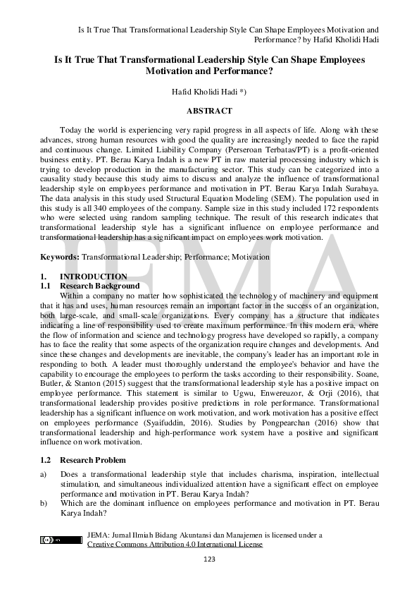 (PDF) Is It True That Transformational Leadership Style Can Shape Employees Motivation and ...