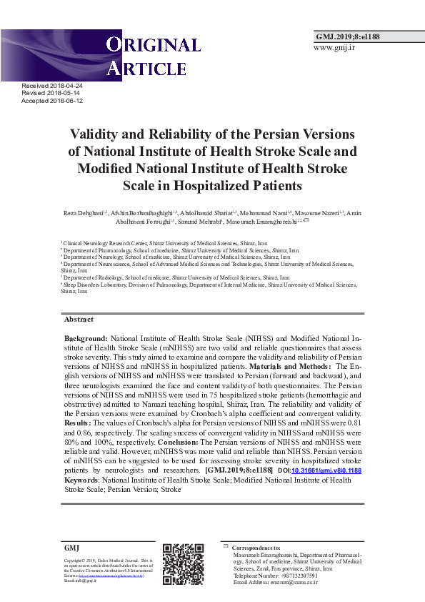 (PDF) Validity and Reliability of the Persian Versions of National Institute of Health Stroke ...