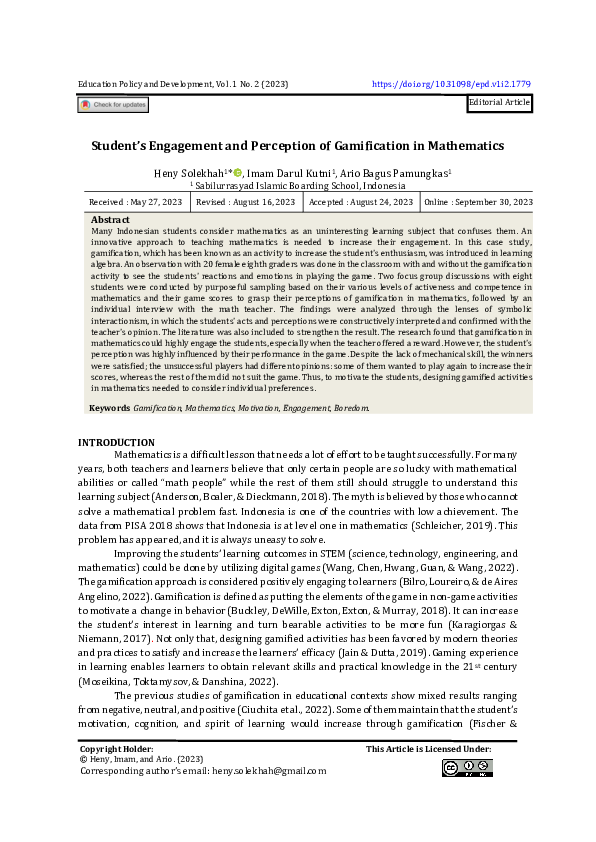 (PDF) Student’s Engagement and Perception of Gamification in Mathematics