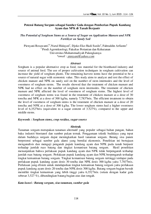 (PDF) Potensi Batang Sorgum sebagai Sumber Gula dengan Pemberian Pupuk Kandang Ayam dan NPK di ...