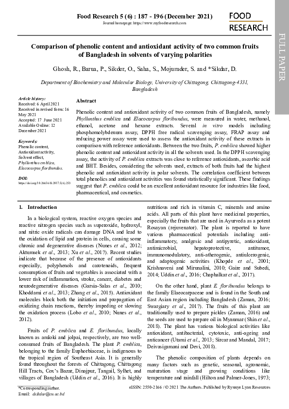 (PDF) Comparison of phenolic content and antioxidant activity of two common fruits of Bangladesh ...