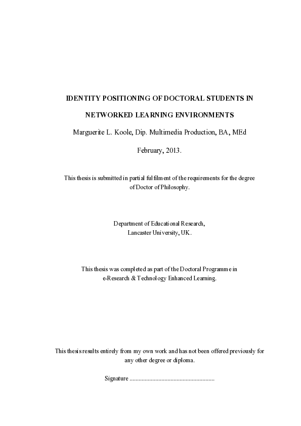 (PDF) Doctoral students’ identity positioning in networked learning environments