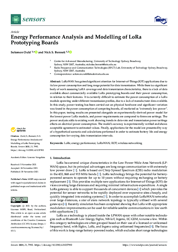 (PDF) Energy Performance Analysis and Modelling of LoRa Prototyping Boards