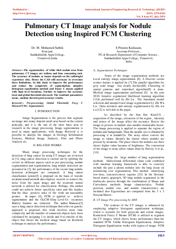 (PDF) Pulmonary CT Image analysis for Nodule Detection using Inspired FCM Clustering