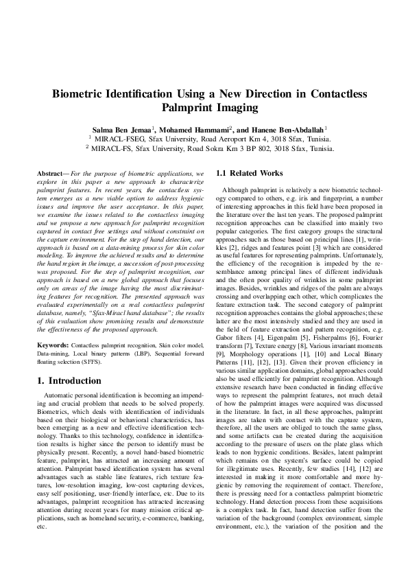 (PDF) Biometric Identification Using a New Direction in Contactless Palmprint Imaging