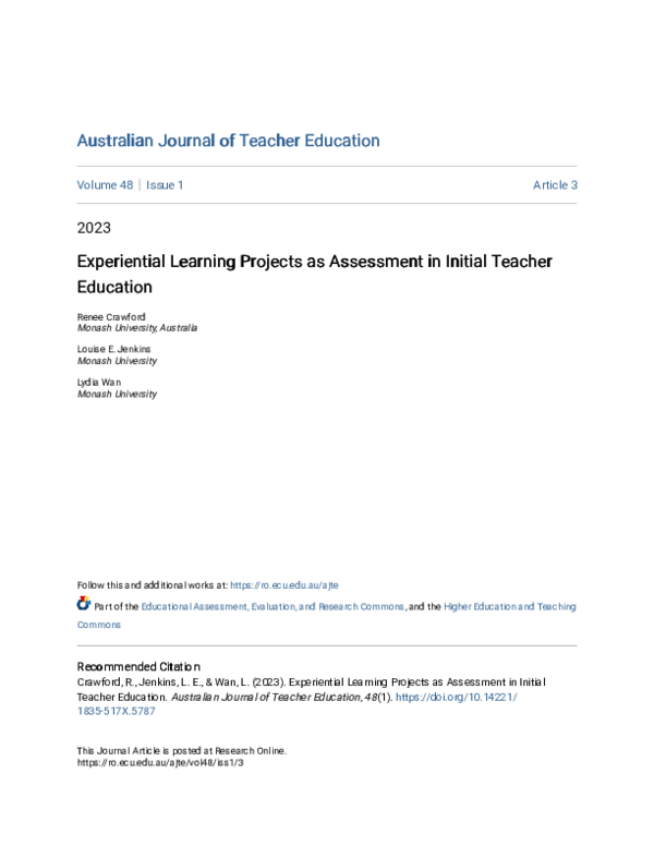 (PDF) Experiential Learning Projects as Assessment in Initial Teacher Education