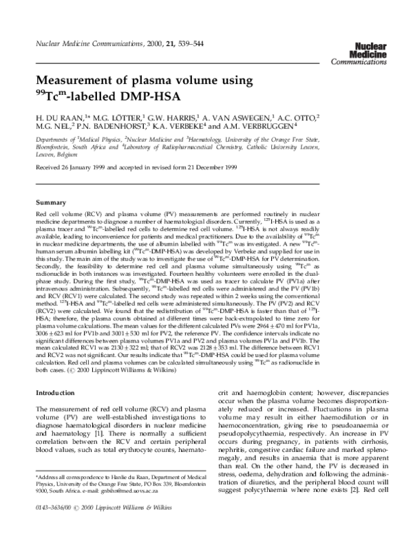 (PDF) Measurement of plasma volume using99 Tcm-labelled DMP-HSA