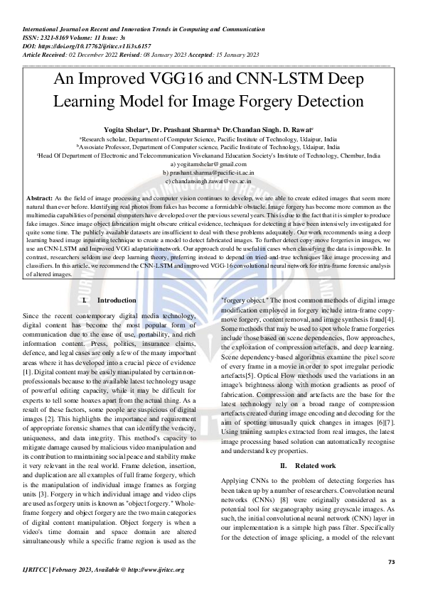 Pdf An Improved Vgg16 And Cnn Lstm Deep Learning Model For Image Forgery Detection Yogita