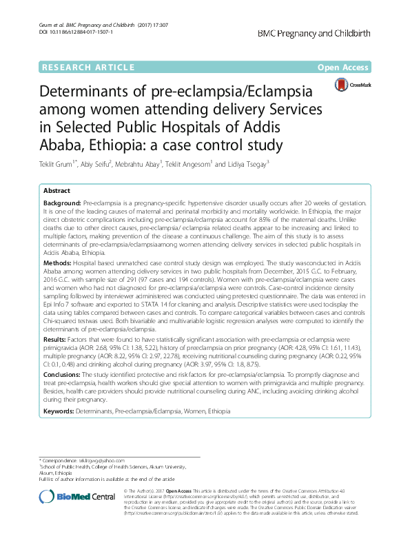 (PDF) Determinants of pre-eclampsia/Eclampsia among women attending delivery Services in ...