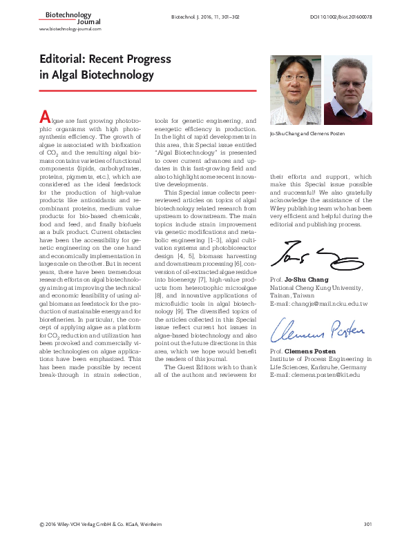 (PDF) Editorial: Recent Progress in Algal Biotechnology