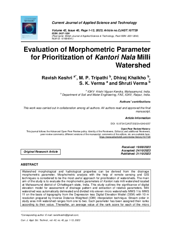 (PDF) Evaluation of Morphometric Parameter for Prioritization of Kantori Nala Milli Watershed