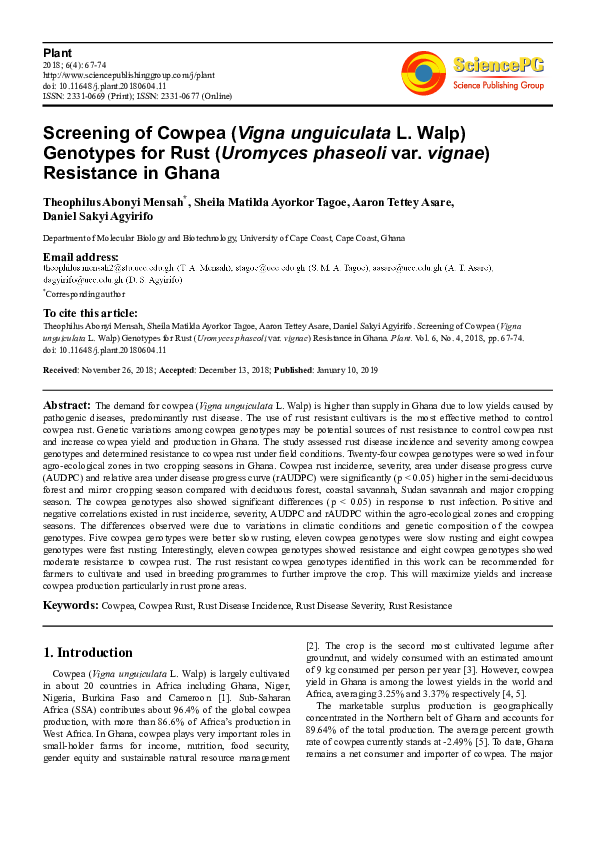 (PDF) Screening of Cowpea ( Vigna unguiculata L. Walp) Genotypes for ...