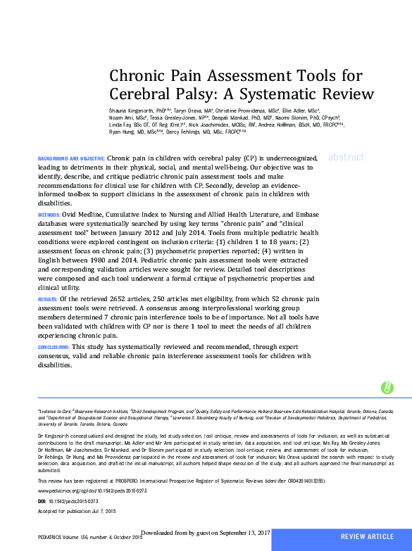 (PDF) Chronic Pain Assessment Tools for Cerebral Palsy: A Systematic Review