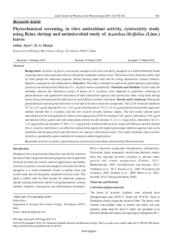 (PDF) Phytochemical screening, in vitro antioxidant activity, cytotoxicity study using Brine ...