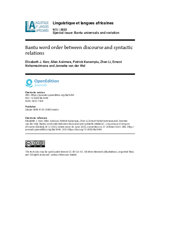 (PDF) Bantu word order between discourse and syntactic relations
