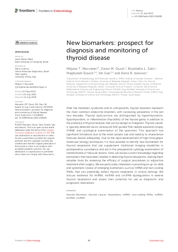 (PDF) New biomarkers: prospect for diagnosis and monitoring of thyroid ... (PDF) New biomarkers: prospect for diagnosis and monitoring of thyroid ...