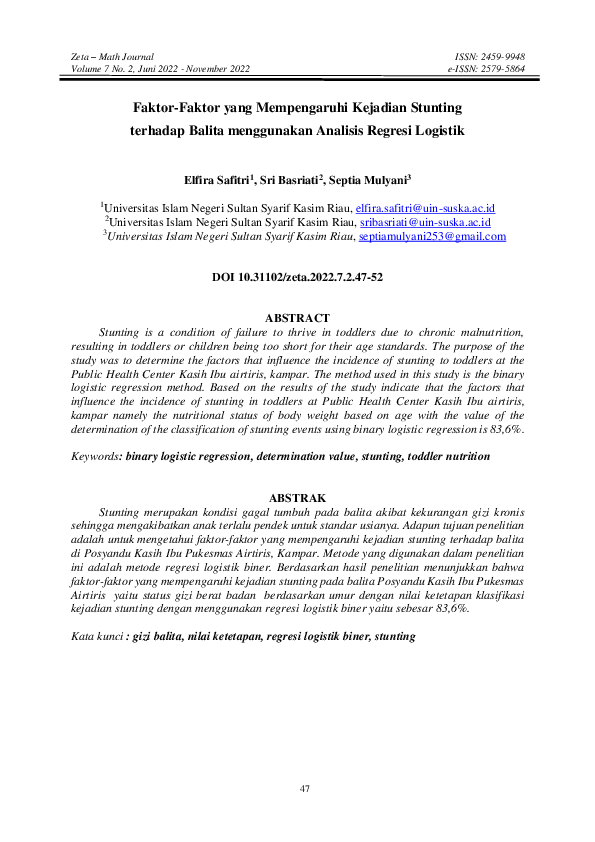 (PDF) Faktor-Faktor yang Mempengaruhi Kejadian Stunting terhadap Balita menggunakan Analisis ...